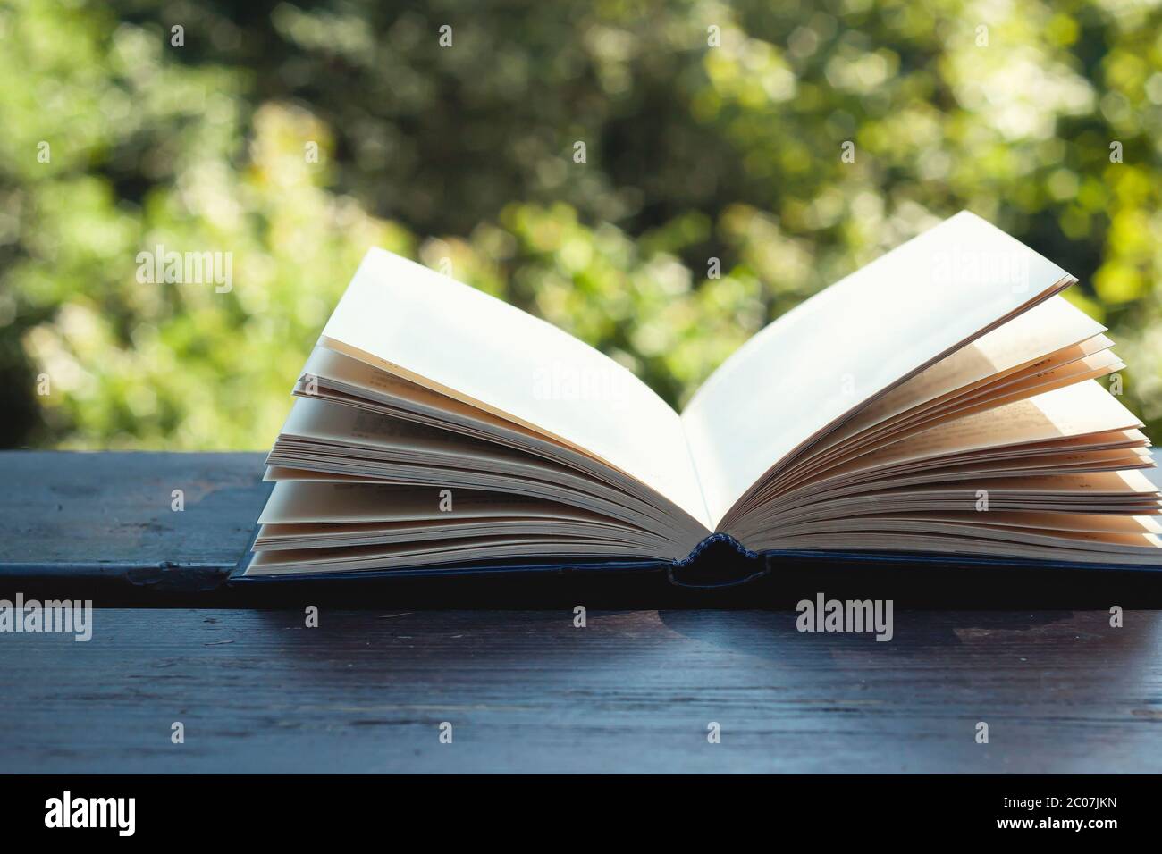 Open book on the garden wooden table Stock Photo - Alamy