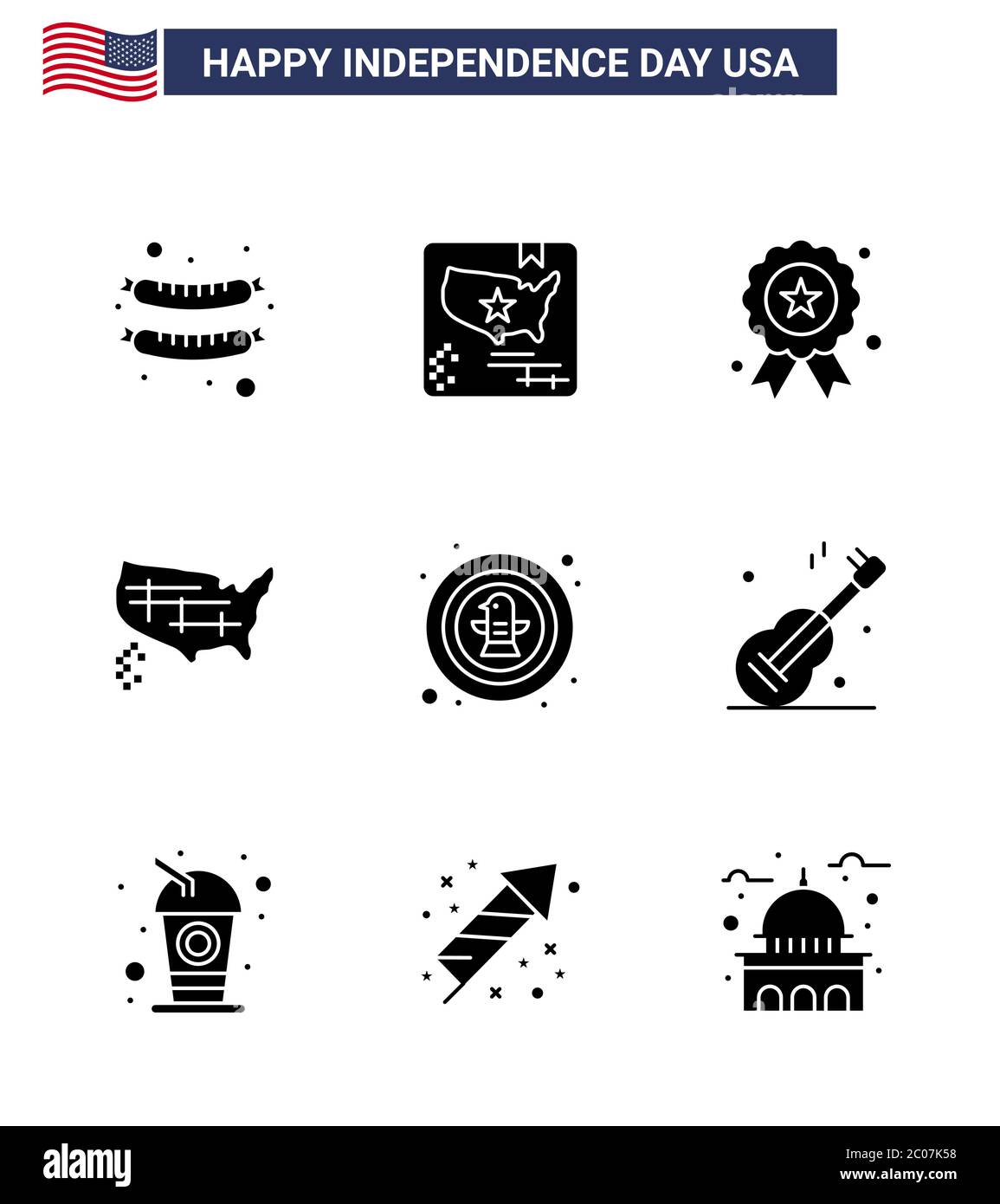 9 USA Solid Glyph Pack of Independence Day Signs and Symbols of ...
