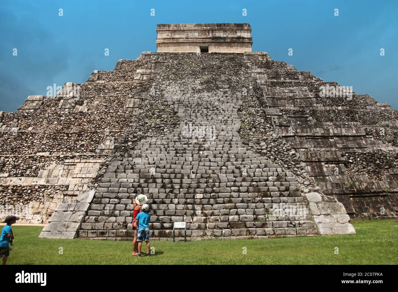 Damaged rear side view of The Temple of Kukulcan 'El Castillo' at Chichen Itza archaeological ...