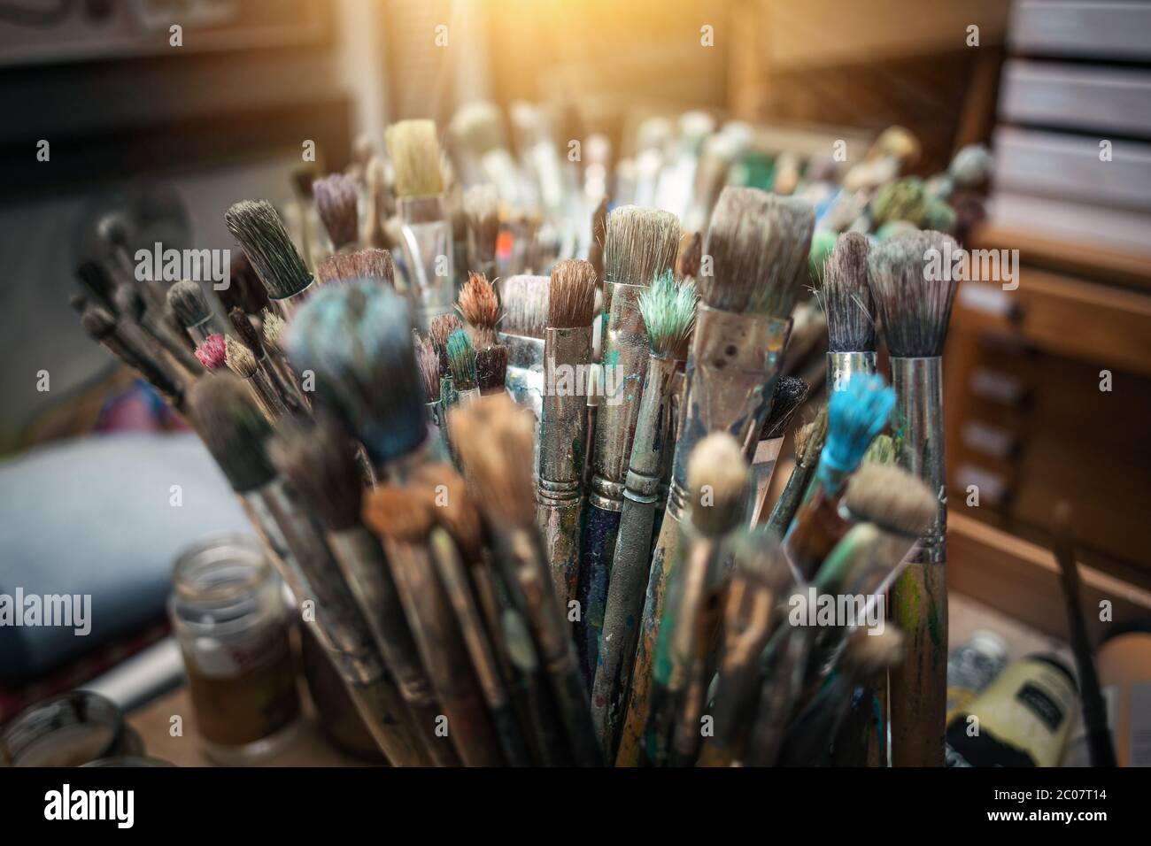 Large group of used paint brushes Stock Photo - Alamy