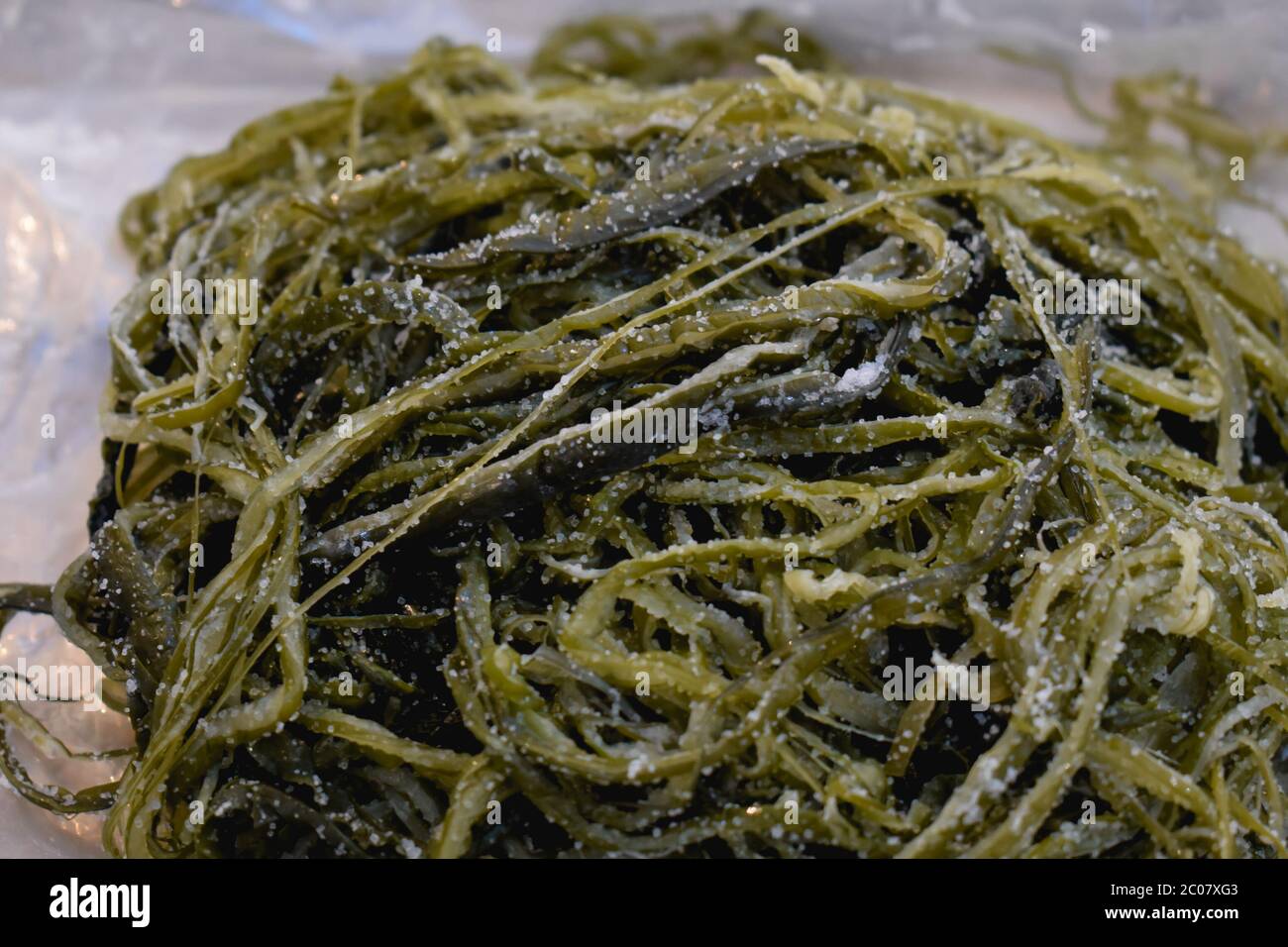 Stripes of fermented salted seaweed sold on a street market in Seoul ...
