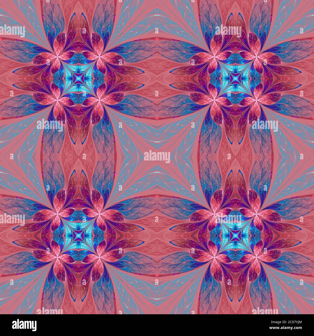 Symmetrical flower pattern in stained-glass window style on pink. Blue ...