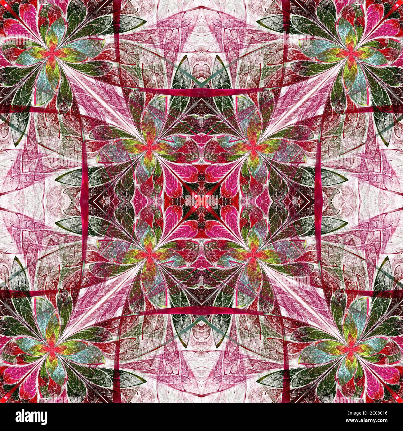 Symmetrical flower pattern in stained-glass window style. Green, yellow ...