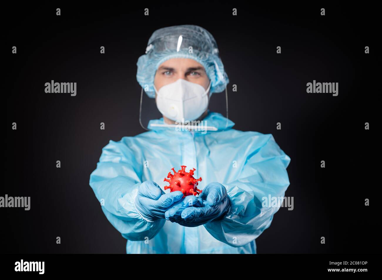 Closeup photo of guy doc virologist showing presenting to whole world ...