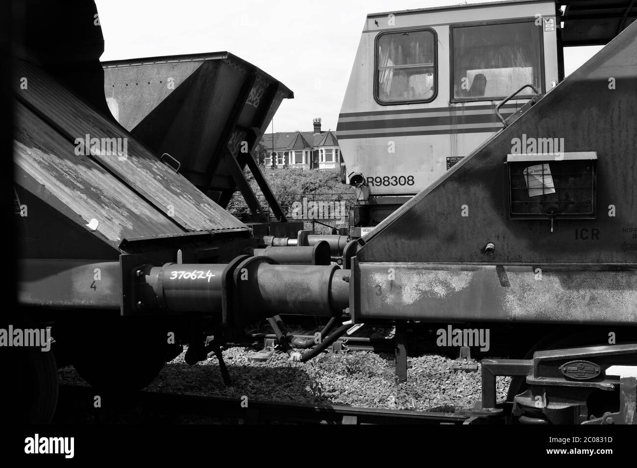 Vintage victorian railway track with huge train wheels in close up ...