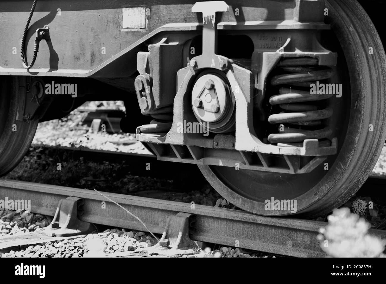 Vintage victorian railway track with huge train wheels in close up ...