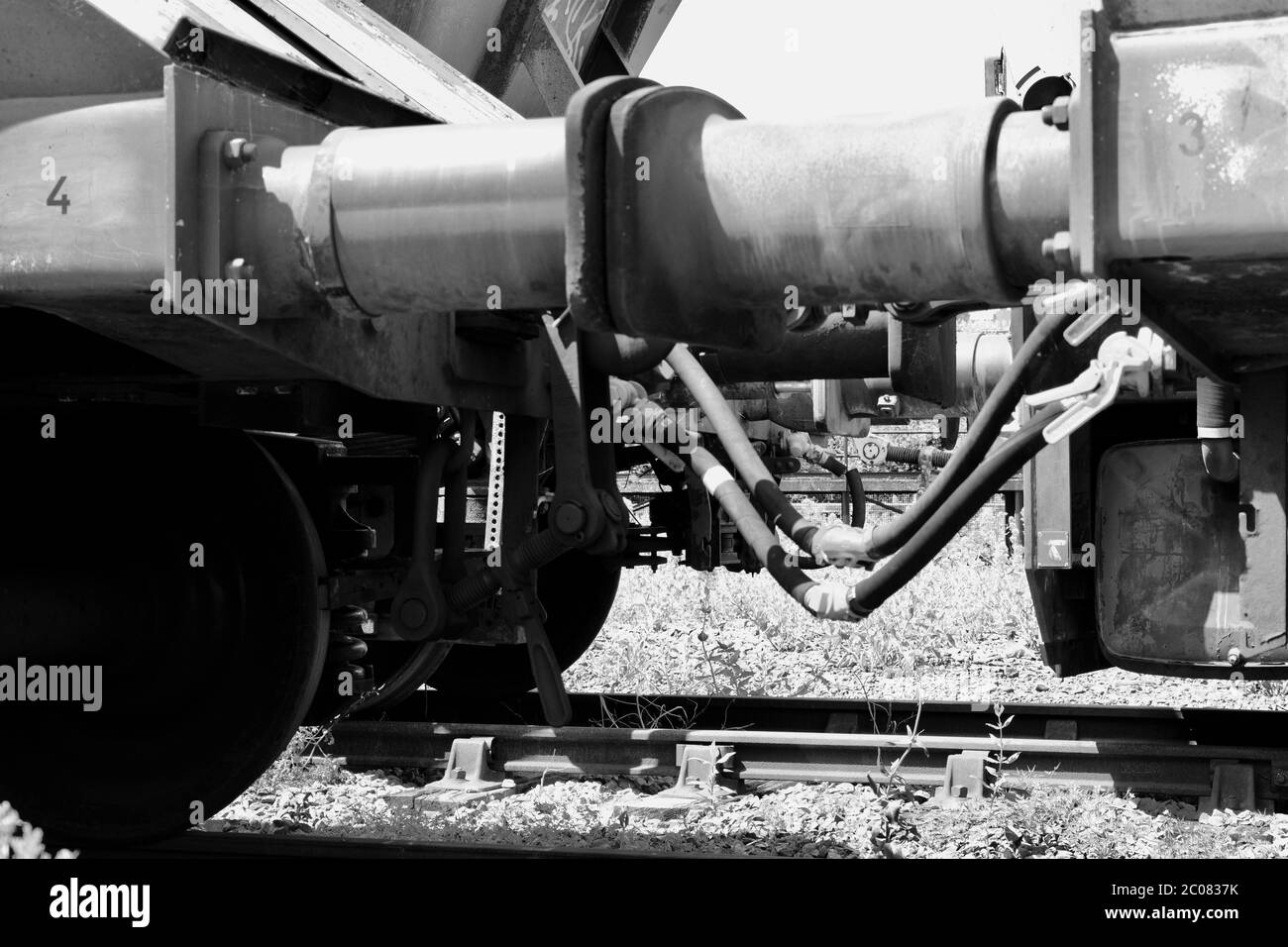 Vintage victorian railway track with huge train wheels in close up ...