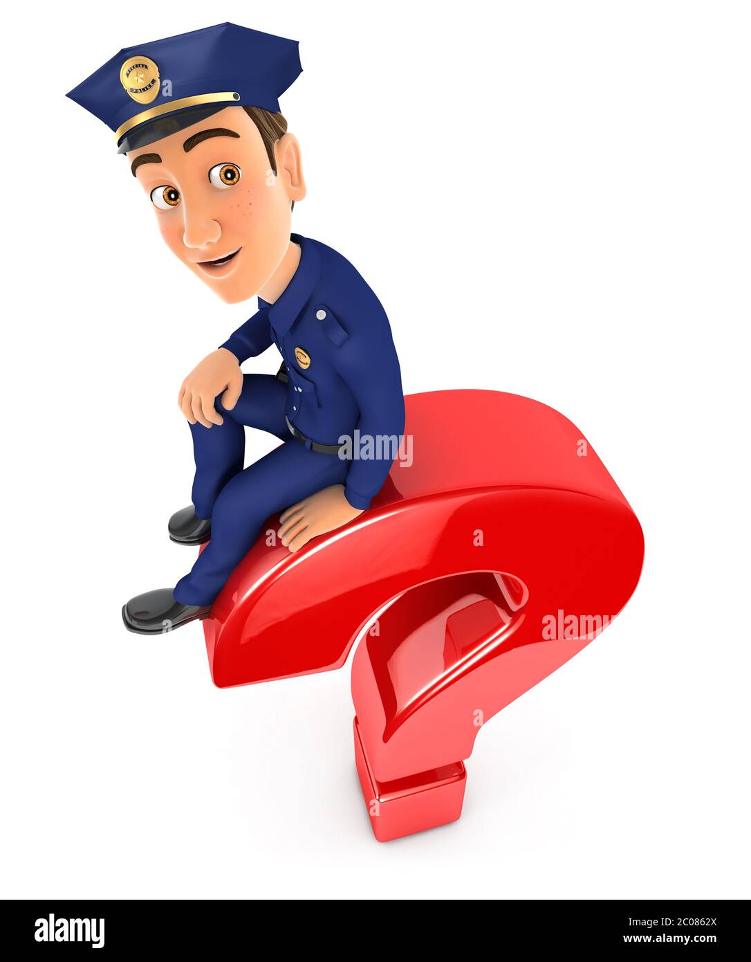 3d policeman sitting on top of question mark, illustration with ...