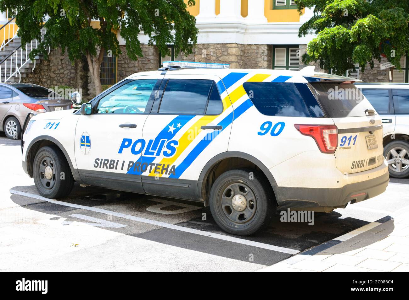 Police car in Curacao Caribbean sign signs outside policeman officer ...