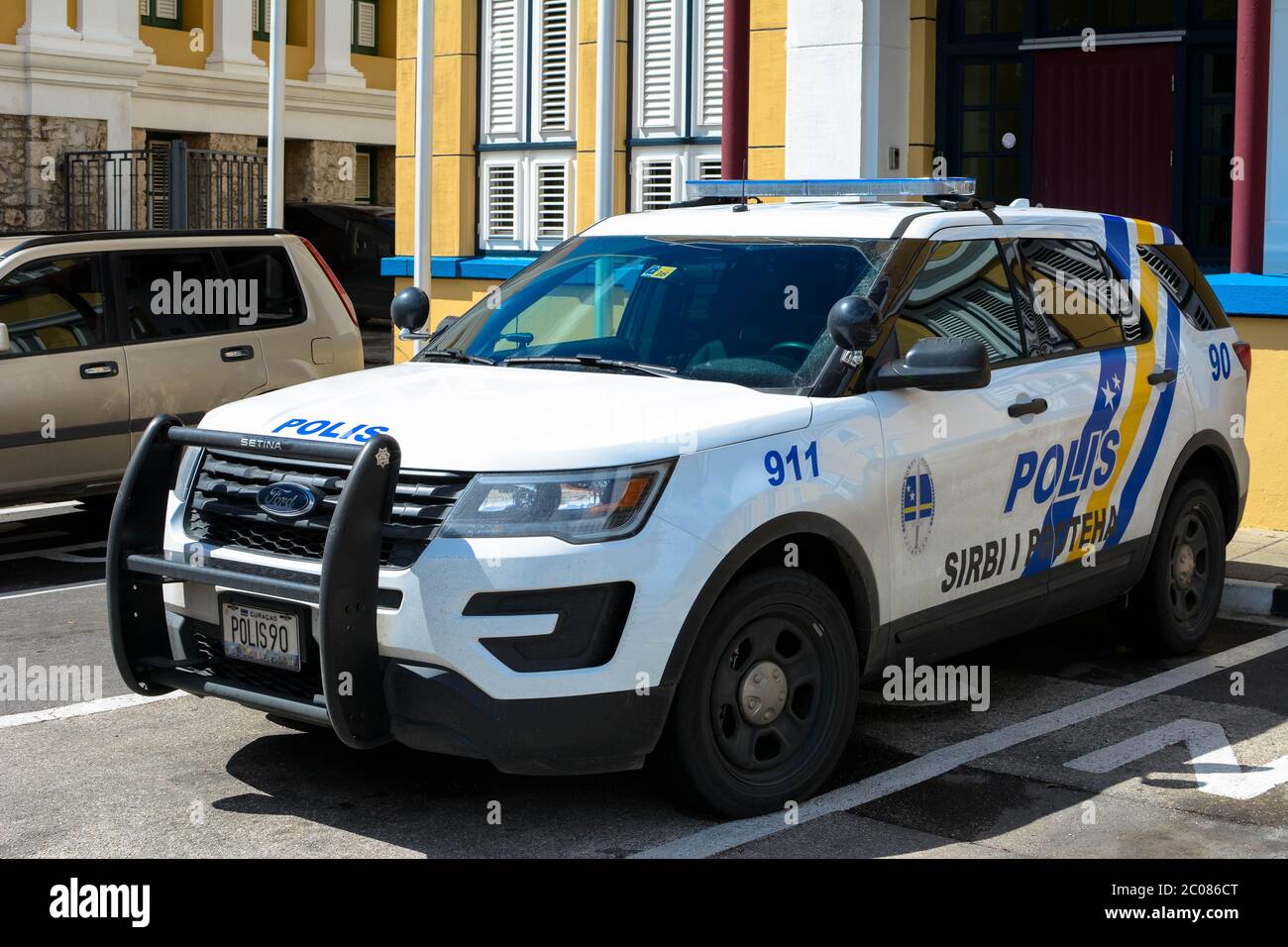 Police car parked outside the Police Station in Curacao Caribbean white ...