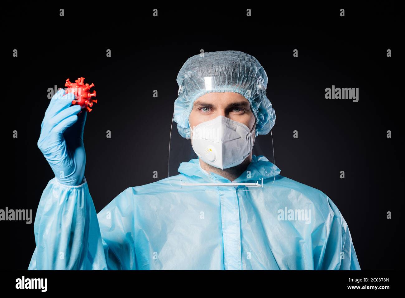 Closeup photo of guy doc virology center hold covid bacteria hands ...