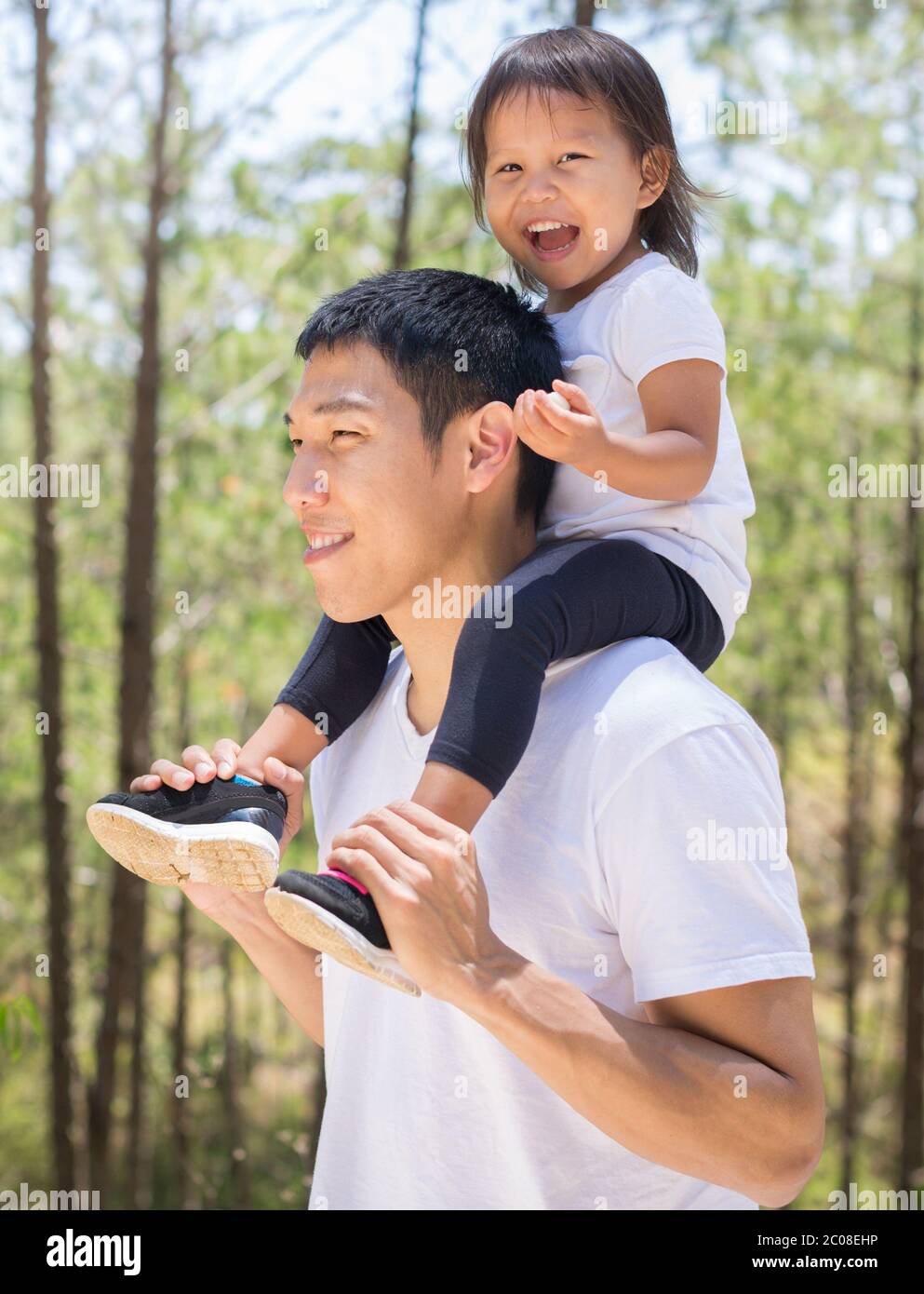 A father caring his little duaghter on his shoulders walking through ...