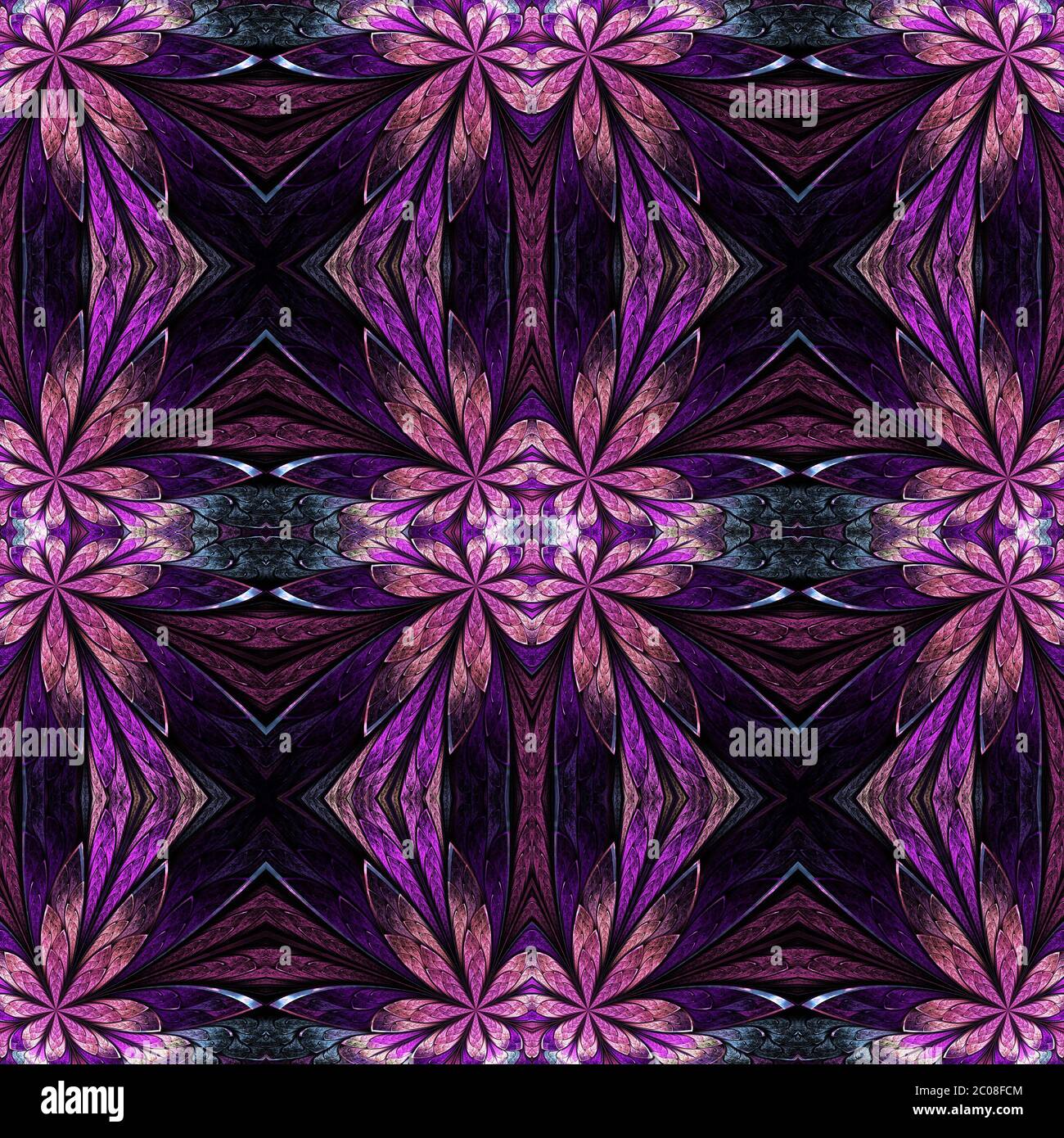 Symmetrical flower pattern in stained-glass window style on black. Pink ...