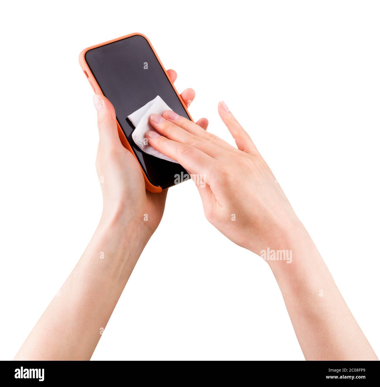 Woman hand clean mobile phone by wet wipe isolated on white background ...