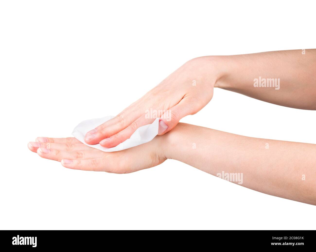 Woman hand use antibacterial wet wipes or tissue isolated on a white ...