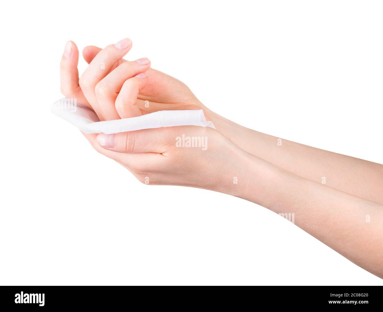 Woman hand use antibacterial wet wipes or tissue isolated on a white ...