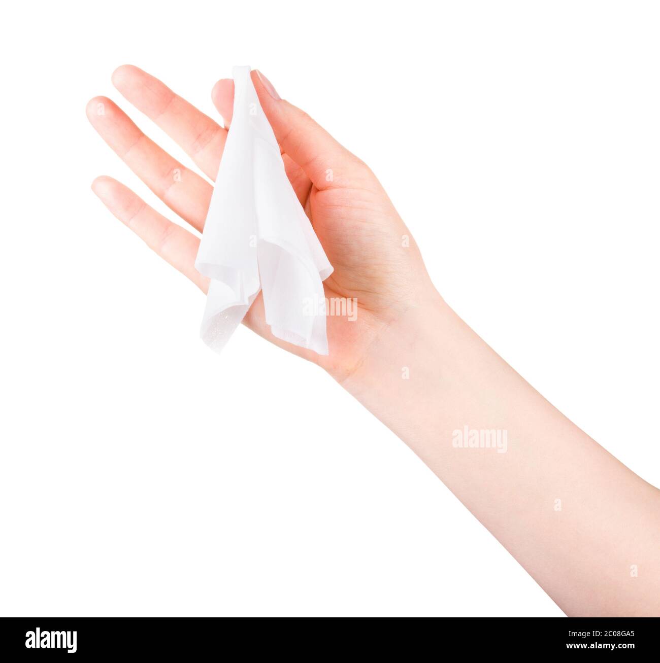 Woman hand use antibacterial wet wipes or tissue isolated on a white ...