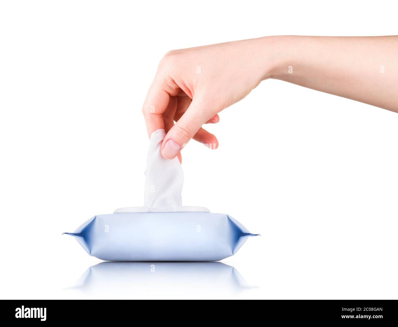 Woman hand use antibacterial wet wipes or tissue isolated on a white ...