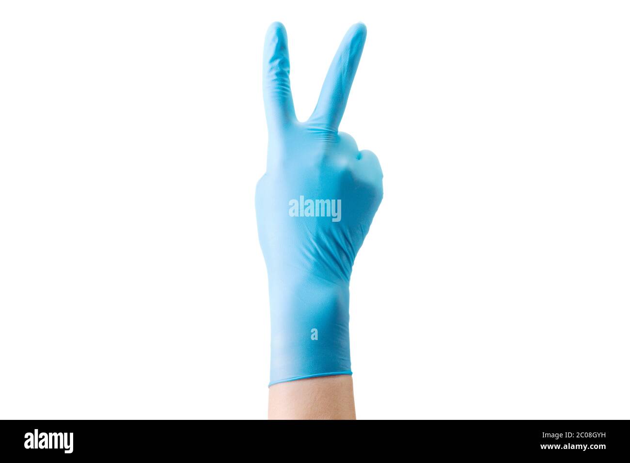 Doctor's hand in medical gloves showing two fingers up in peace symbol ...