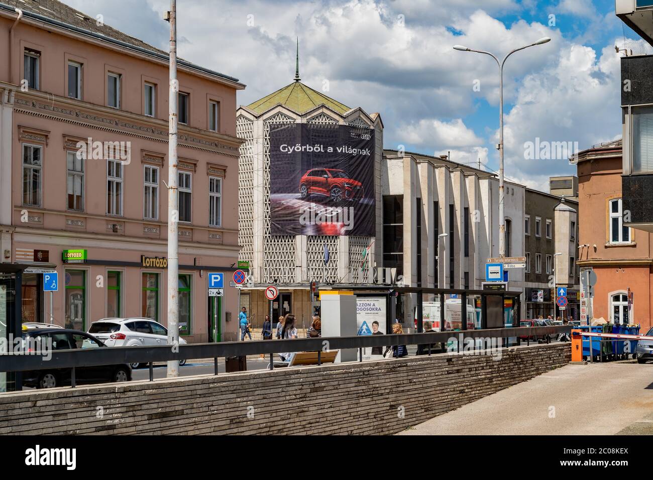 Richter Concert Hall in Gyor downtown, with the advertising molino of ...