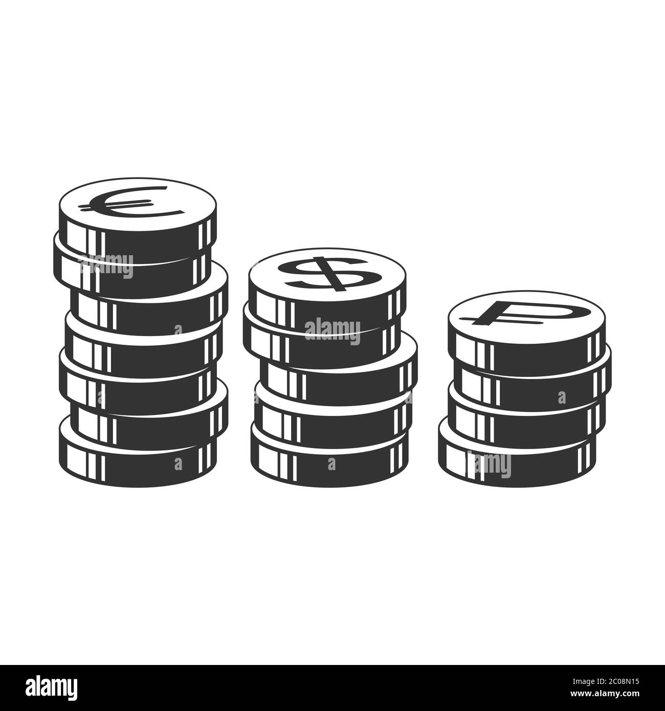 Vector illustration. Stack of coins with currency symbols isolated on a ...