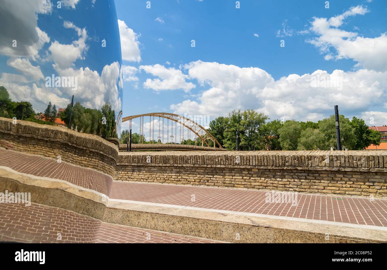 Hungary, Gyor. Cityscape from the riverbank of Raba at Dunakapu Square ...