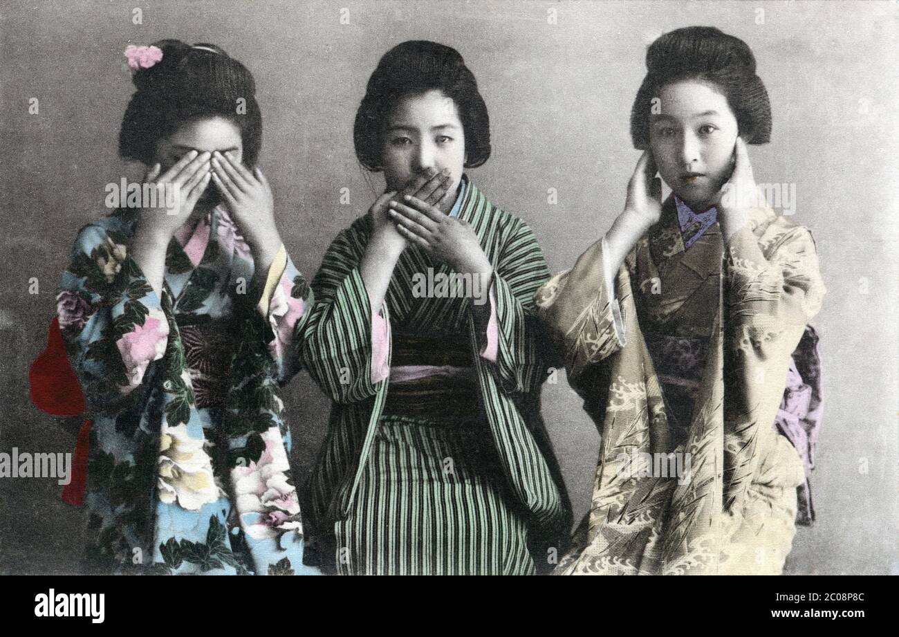[ 1900s Japan - See no Evil ] — Three young Japanese women in kimono ...