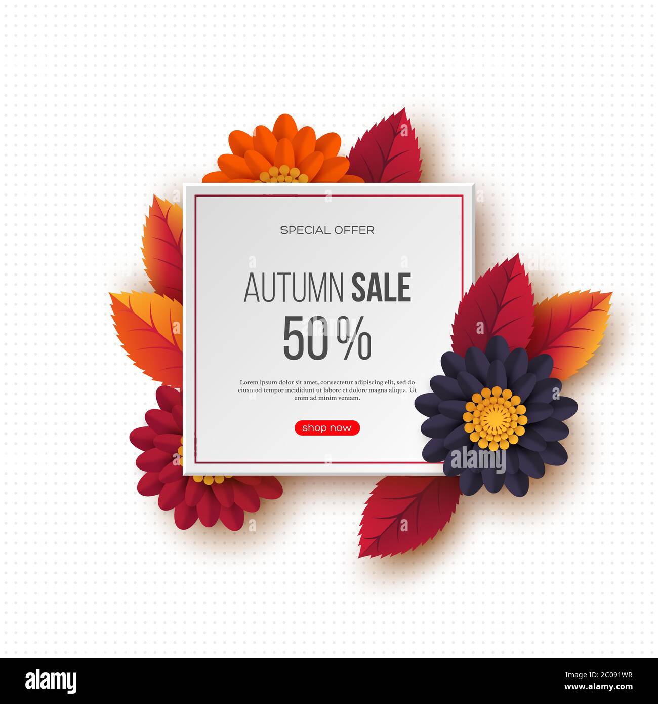 Autumn sale banner with 3d leaves, flowers and dotted pattern. White ...