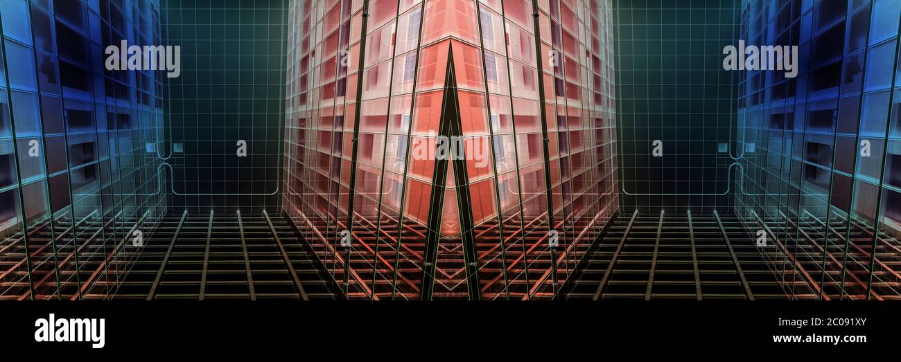 underside panoramic and perspective view to steel glass high rise ...