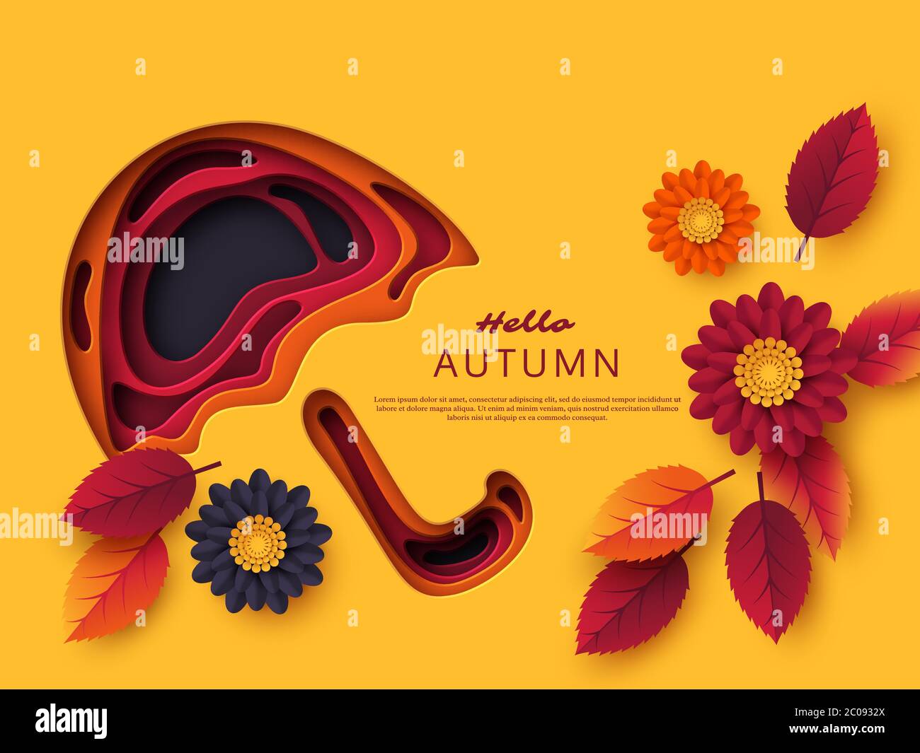 Autumn 3d paper cut umbrella with leaves and flowers. Abstract ...