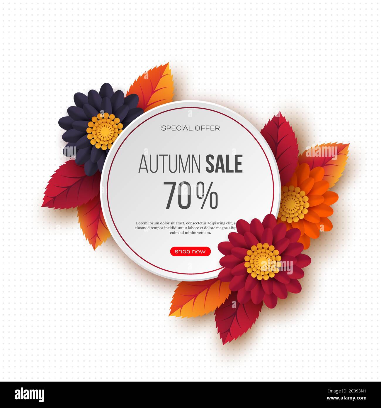 Autumn sale round banner with 3d leaves, flowers and dotted pattern ...