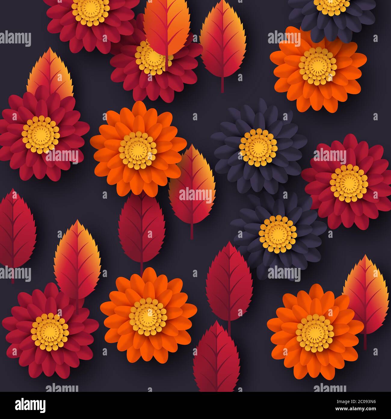 Floral autumn background with 3d paper cut style flowers and leaves ...