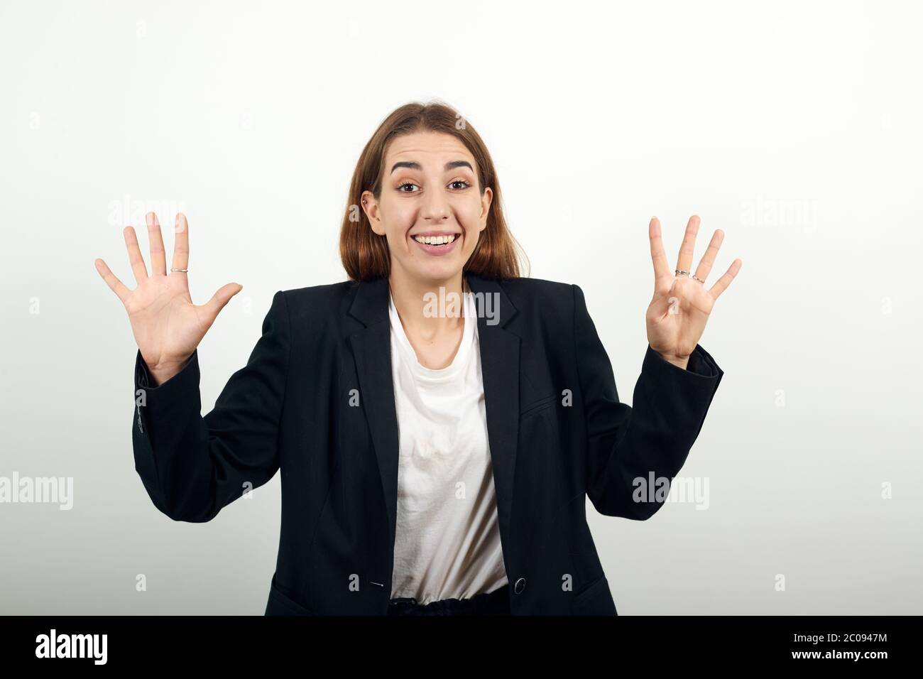 Showing nine 9 fingers hand gesture, show number three with hands ...