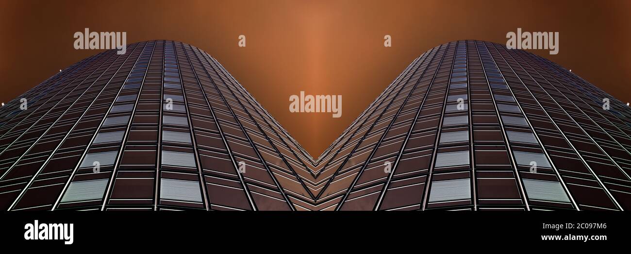 underside panoramic and perspective view to steel glass high rise ...