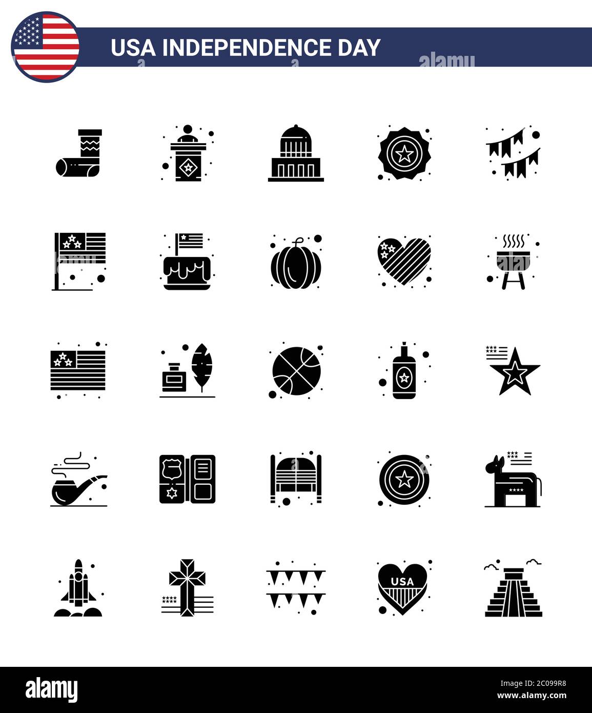 25 USA Solid Glyph Pack of Independence Day Signs and Symbols of ...