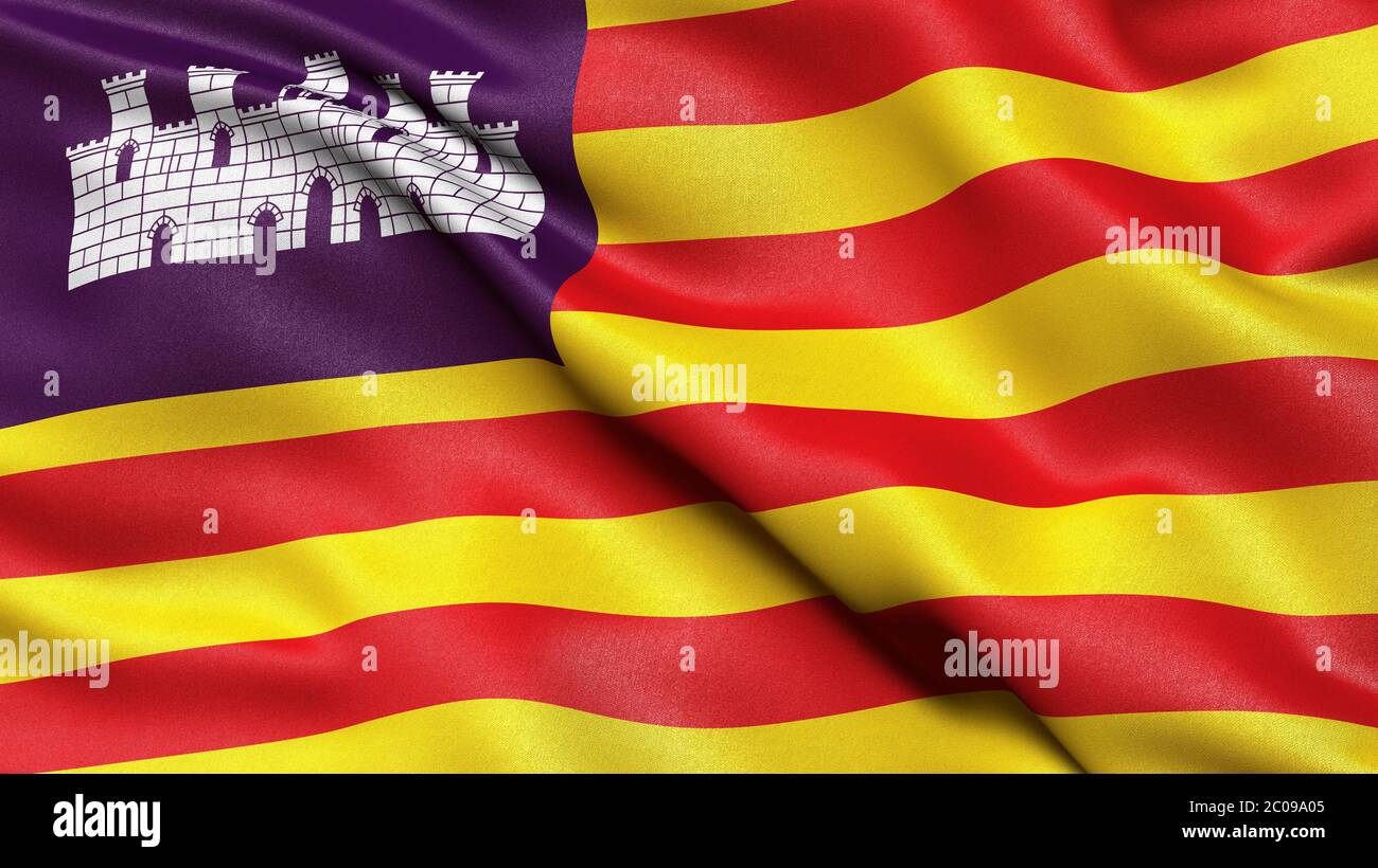 Flag of the Balearic Islands waving in the wind. 3D illustration Stock ...