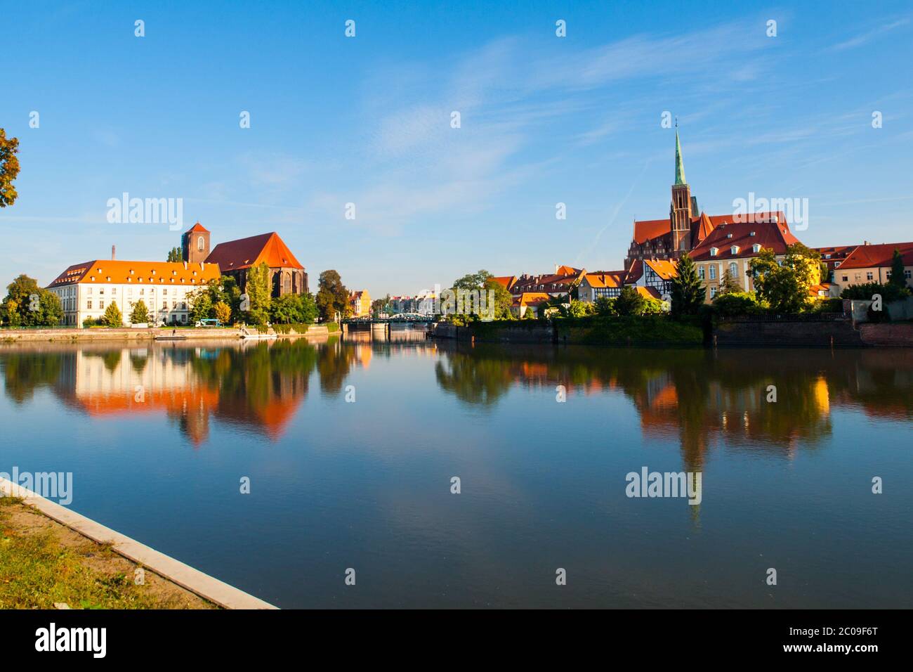 Panorama of Cathedral Island and its reflection in the river, Wroclaw ...