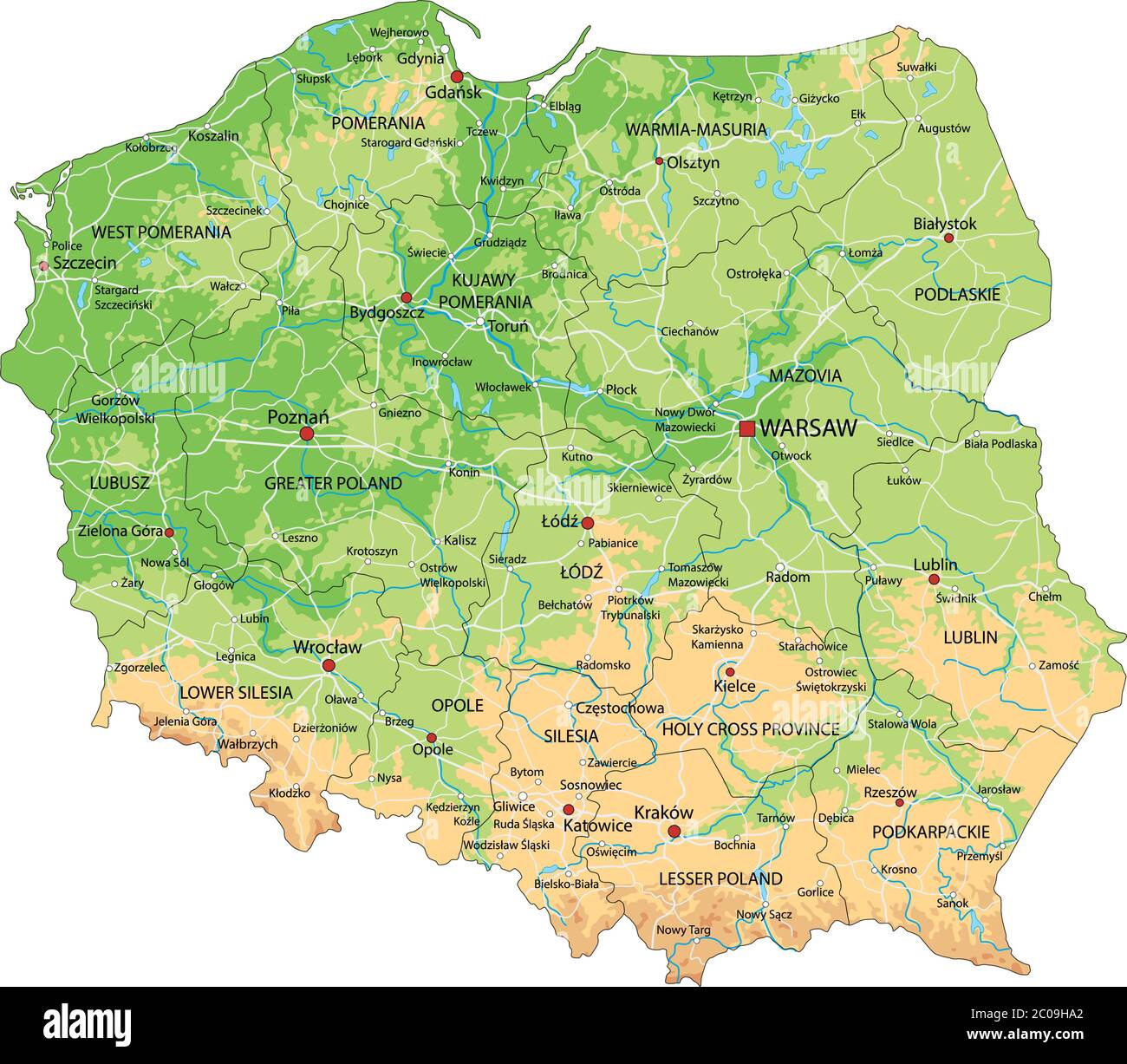 High detailed Poland physical map with labeling Stock Vector Image ...