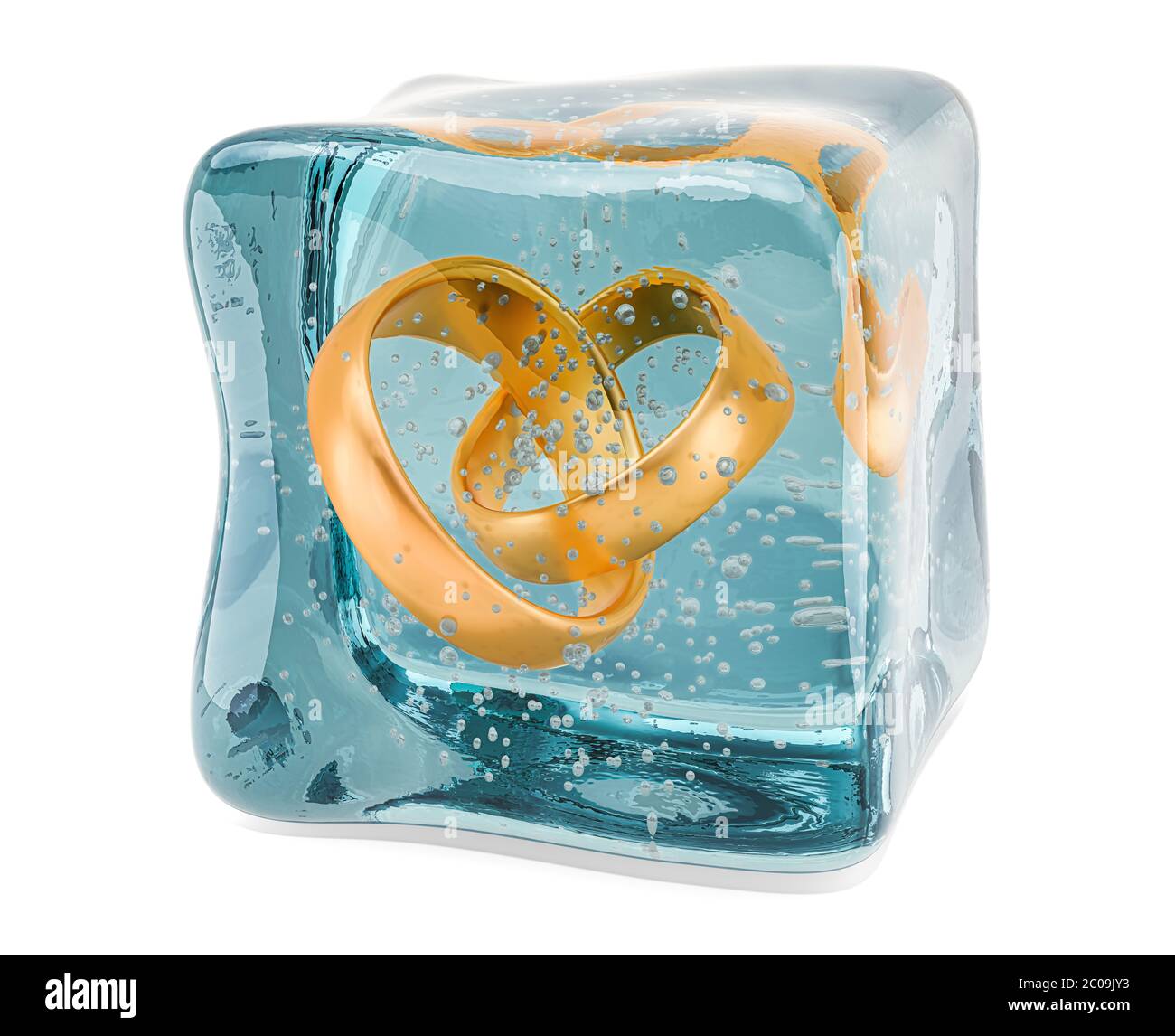 Frozen wedding rings in ice cube, 3D rendering isolated on white ...