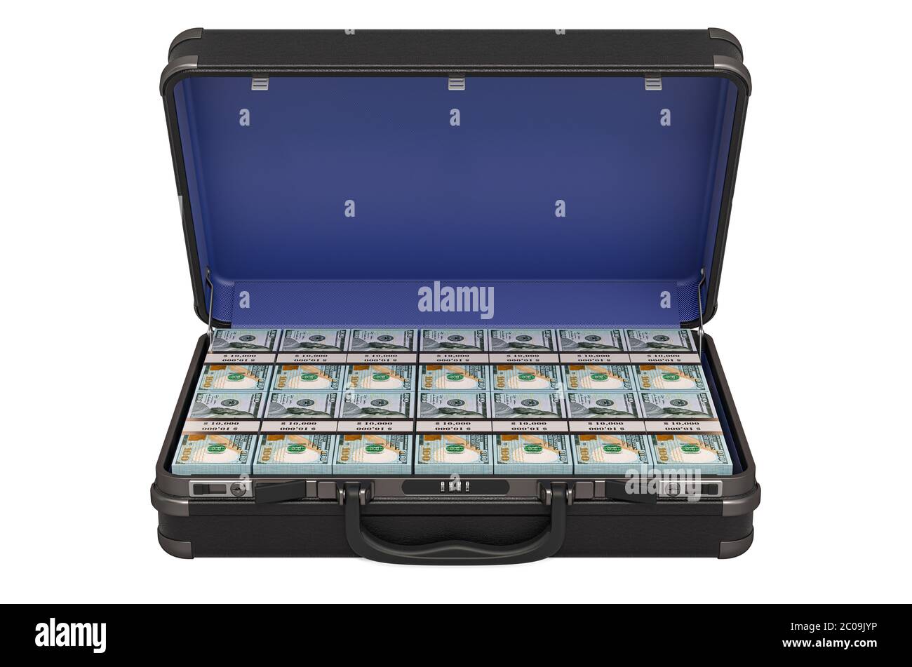 Open hard case full of dollar packs, 3D rendering isolated on white ...