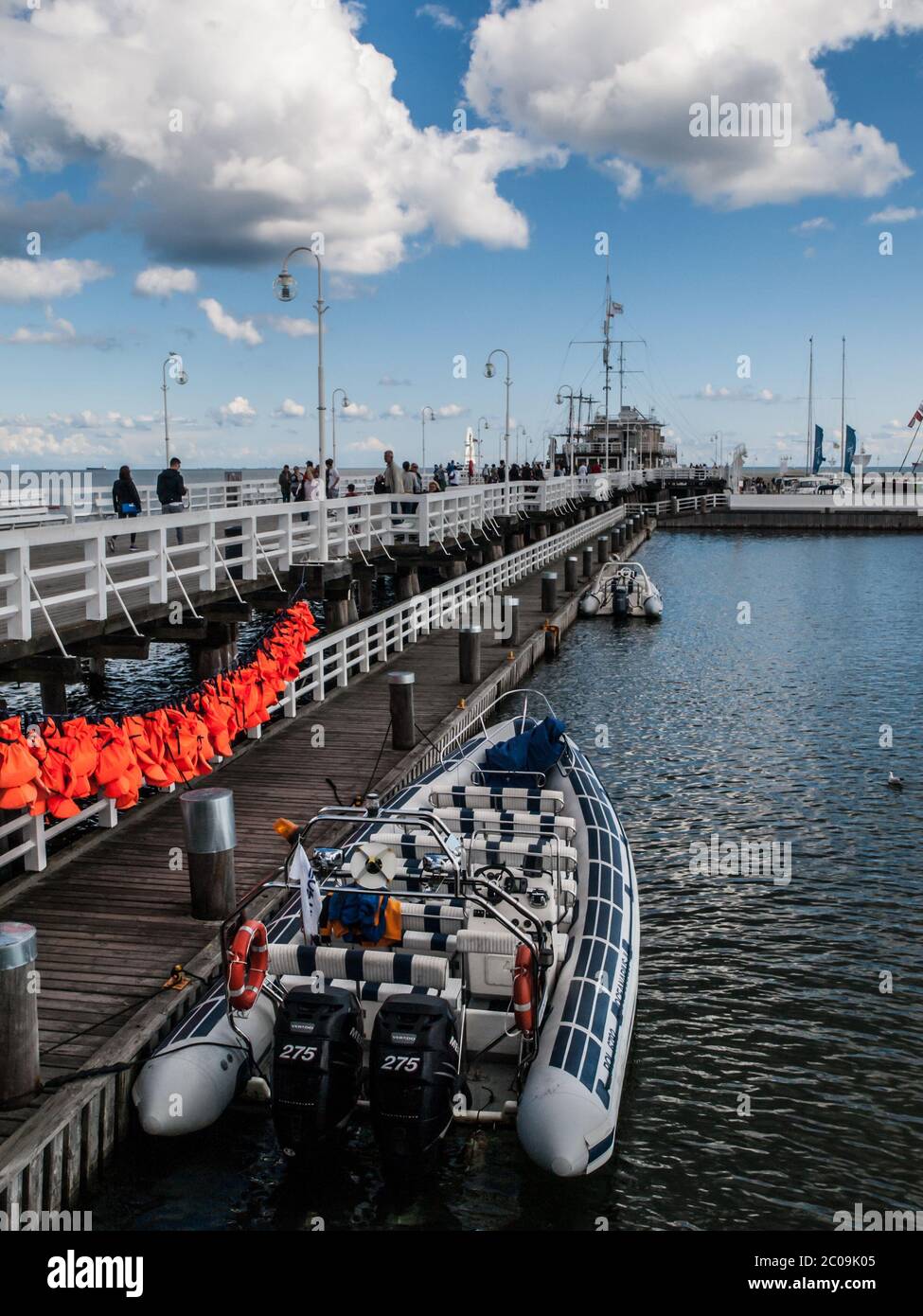 Lifeguard boat at Sopot pier, the longest pier in Europe, Poland Stock ...