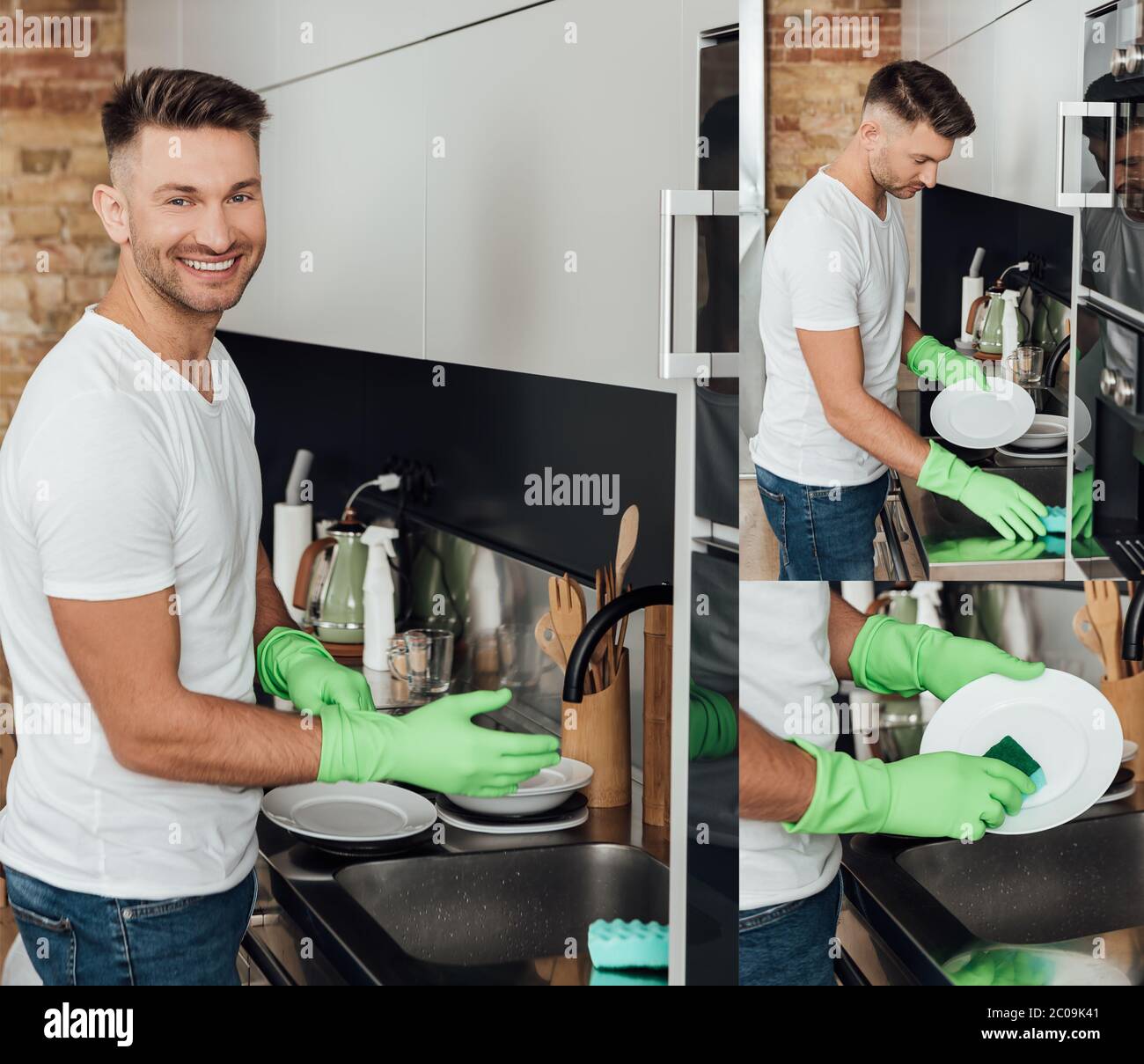 collage of handsome man in rubber gloves washing plates in kitchen ...