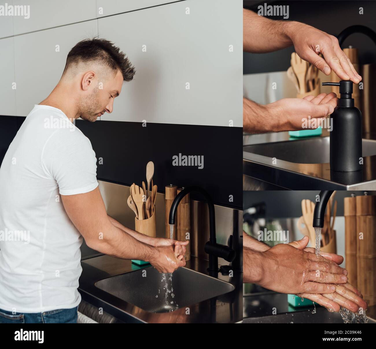 collage of handsome mad washing hands in kitchen Stock Photo - Alamy