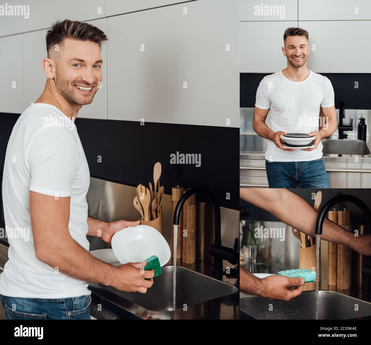 collage of happy man washing and holding plates in kitchen Stock Photo ...
