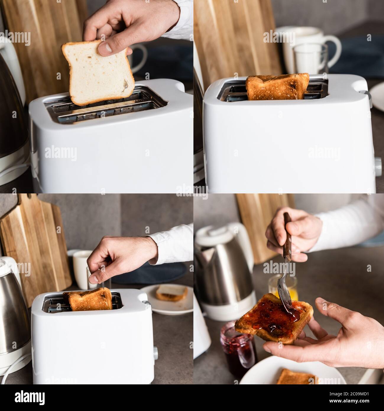 Collage of man using toaster while making toasts with jam in kitchen ...