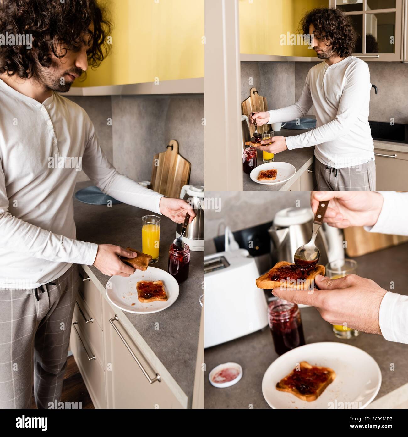 Collage of handsome curly man pouring jam on toast in kitchen Stock ...