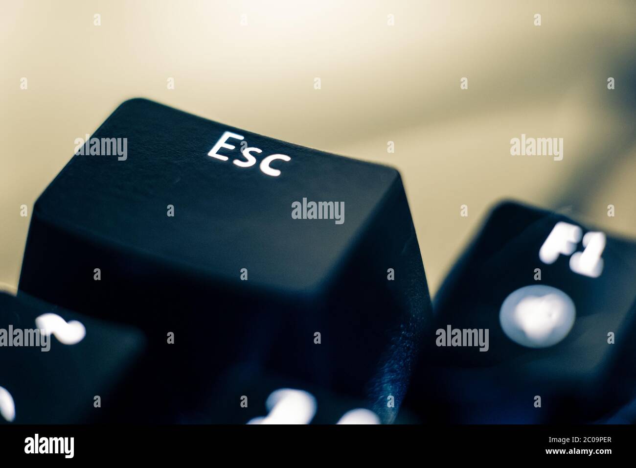 Macro photo of the escape key on a mechanical switch keyboard. The "ESC ...