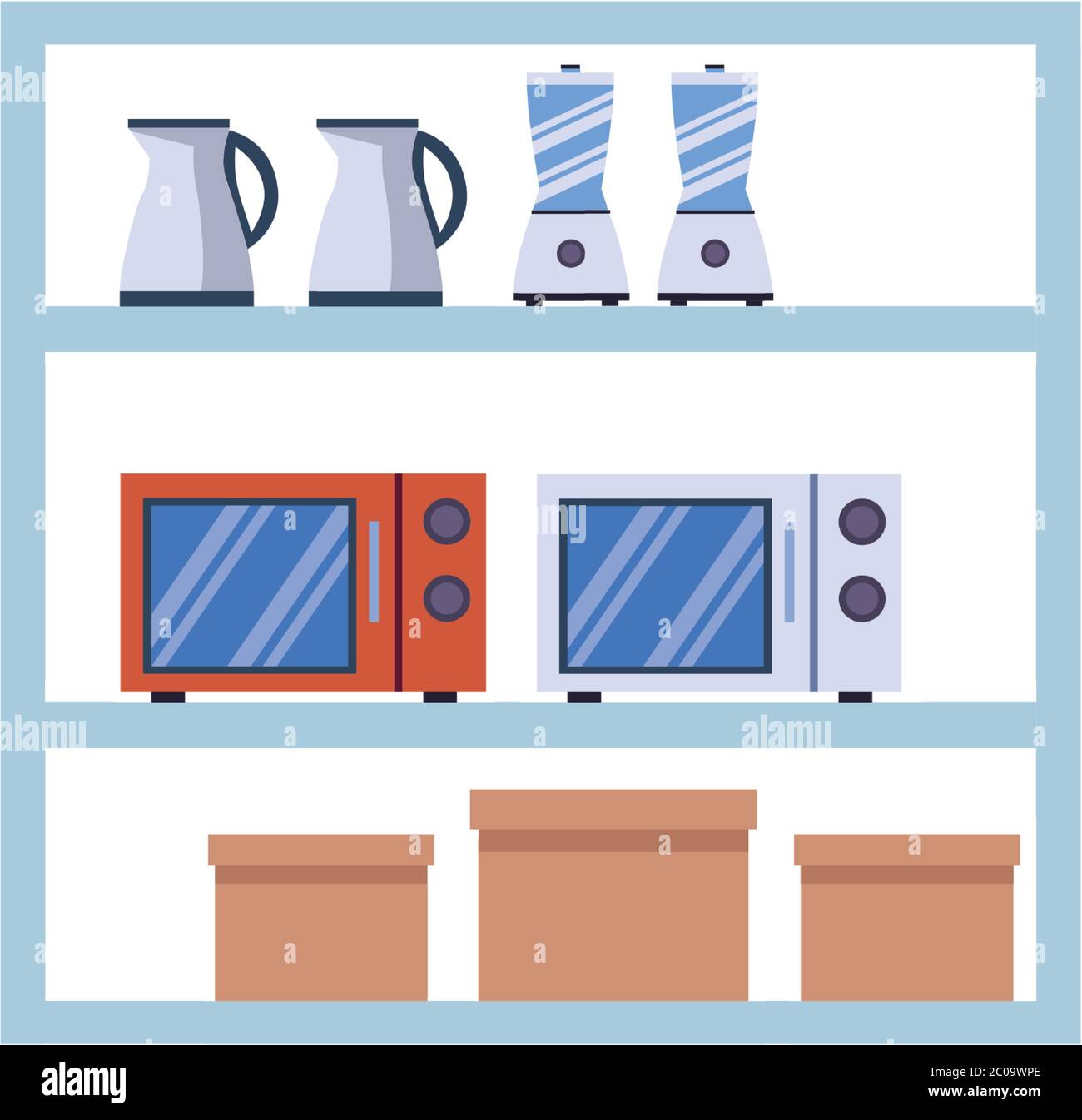 shelving with kitchen appliances and boxes carton vector illustration ...