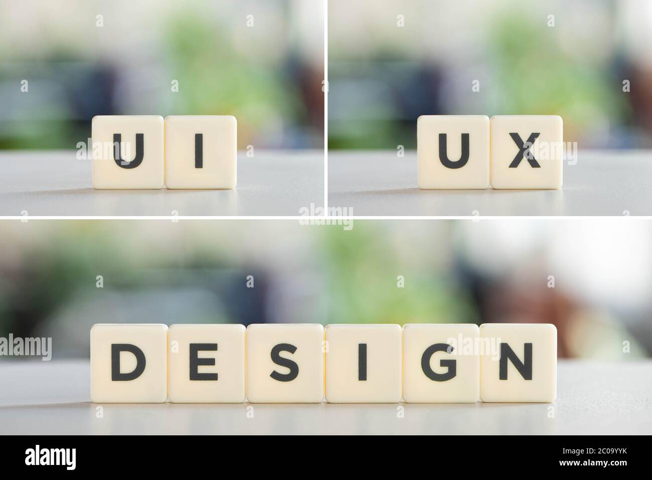 collage of white blocks with ui, ux, design lettering on office desk ...