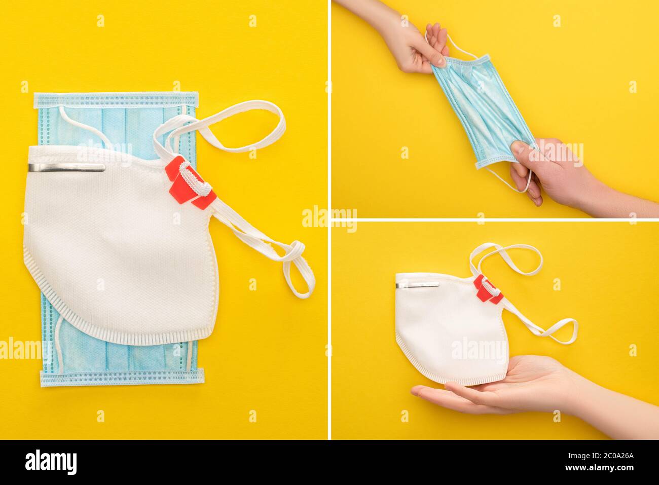 top view of people with medical and safety masks on yellow background ...